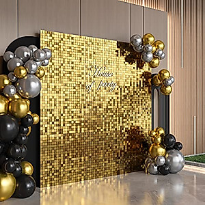 HOUSE OF PARTY Gold Shimmer Wall Backdrop -36 Panels Square Sequin Shimmer Backdrop for Birthday Wedding Anniversary Engagement Baby Shower & Bachelorette Decorations Party