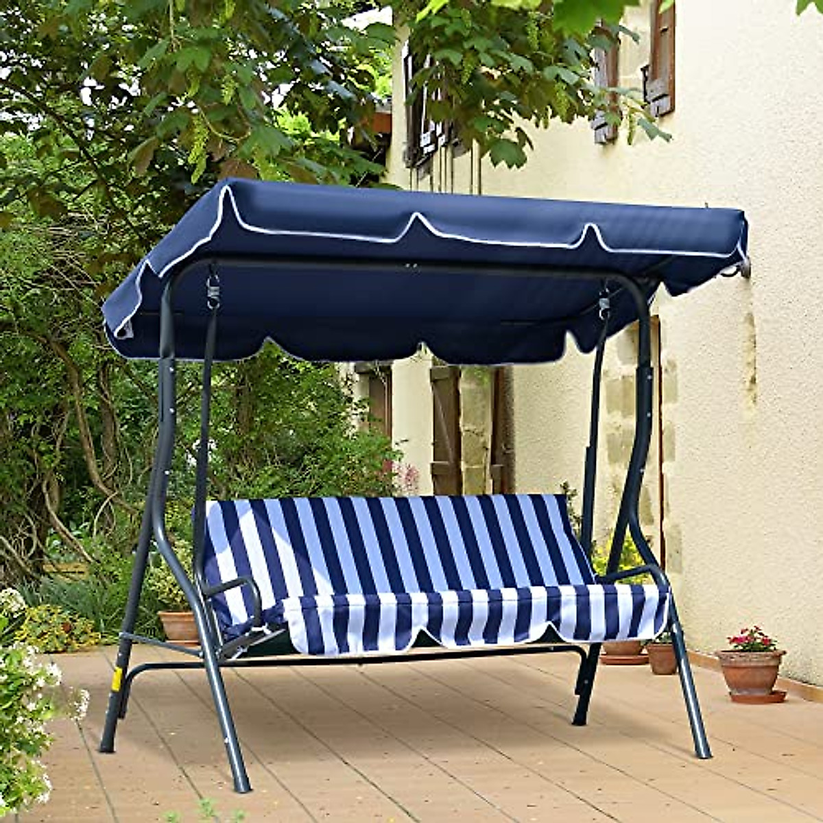 Outsunny 3-Person Porch Swing with Canopy, Patio Swing Chair, Outdoor Canopy Swing Bench with Adjustable Shade, Cushion and Steel Frame, Dark Blue