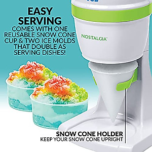 Nostalgia Electric Hawaiian Table-Top Snow Cone Maker, Shaved Ice Machine Includes 1 Reusable Plastic Cup and Ice Molds, White/Green