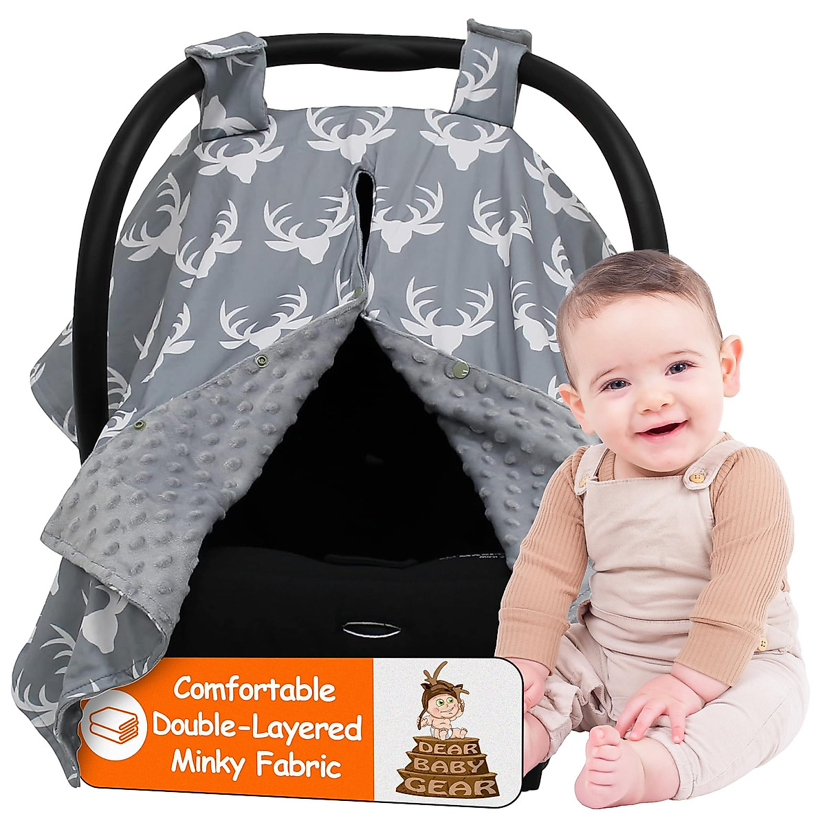 Dear Baby Gear - Baby Car Seat Canopy - Toddler Carrier Cover - Infant Car Seat Cover - Carseat Covers with Snap Opening - Carseat Canopies for Boys & Girls - 40x30 (Antlers on Gray, Gray Dot)
