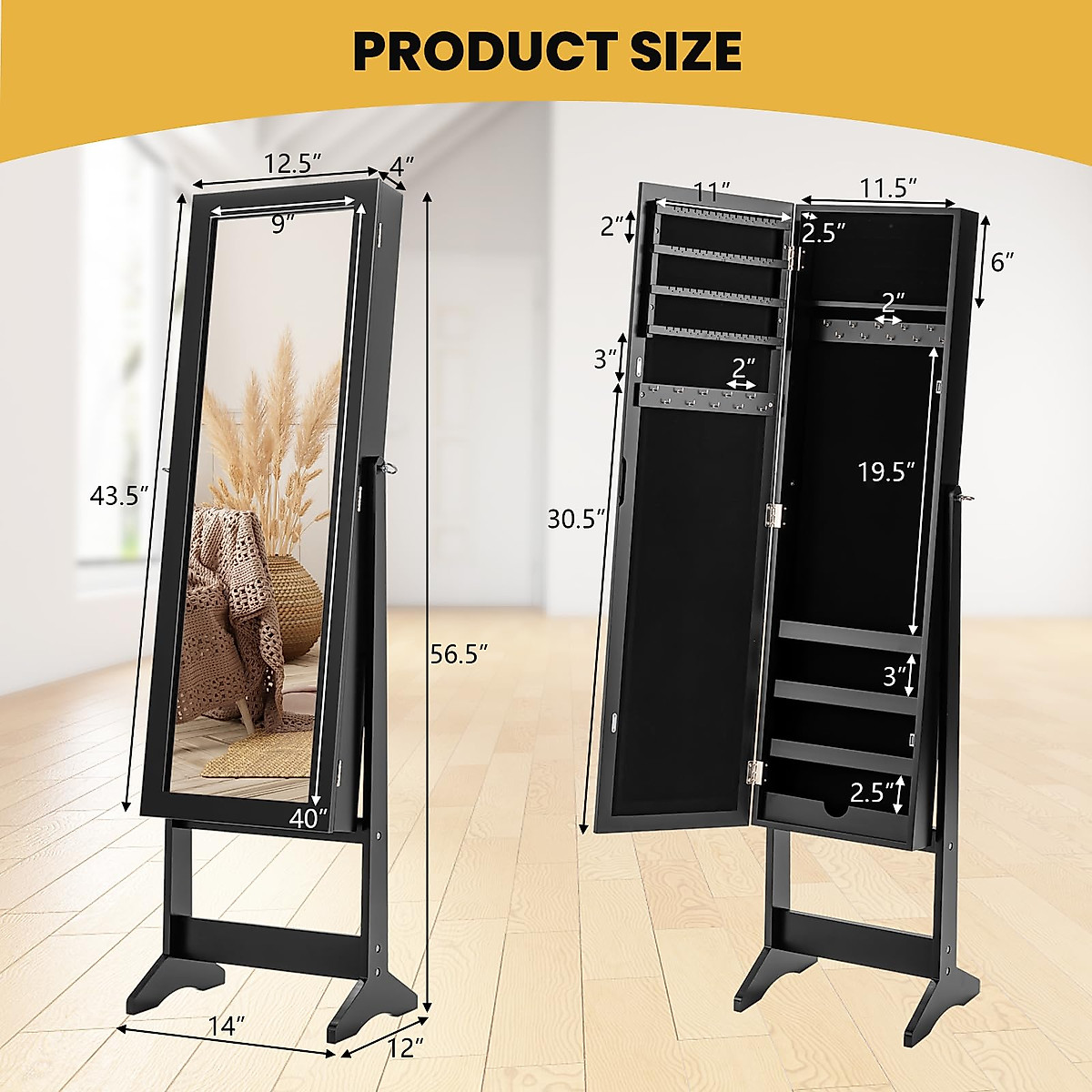 LOKO Freestanding Jewelry Armoire Cabinet, Jewelry Organizer with Full Length Mirror, Standing Makeup Mirror Cabinet w/ 3 Adjustable Angles & Large Storage Capacity, for Bedroom Dressing Room (Black)