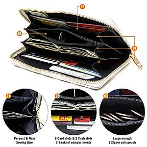 Me Plus Women Fashion Solid Color Faux Leather PU Long Wallet with Zipper Closure Card Slots Zippered Coin Pouch (White)