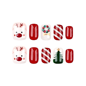 Christmas Press on Nails Short Square Fake Nails with Rhinestone Wreath Designs Acrylic Nails Cute Red White Elk Deer Winter Green Xmas Tree Glue on Nails for Women Girls 24 Pcs