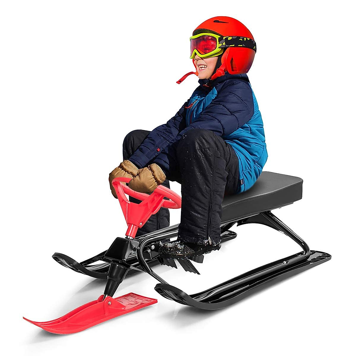 Costzon Snow Racer Sled, Ski Sled with Steering Wheel & Twin Brakes, Durable Steel Frame, Great Weight Capacity of 220 LBS, Classic Downhill Steerable Sled for Kids Teenagers Adult (Red)