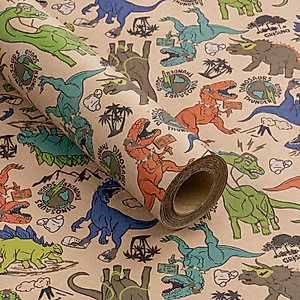 RUSPEPA Kraft Wrapping Paper Roll - Mini Roll - Colorful Dinosaur Design Great for Kids' Birthday, Boys' Birthday Party and More - 17 Inches X 16.5 Feet