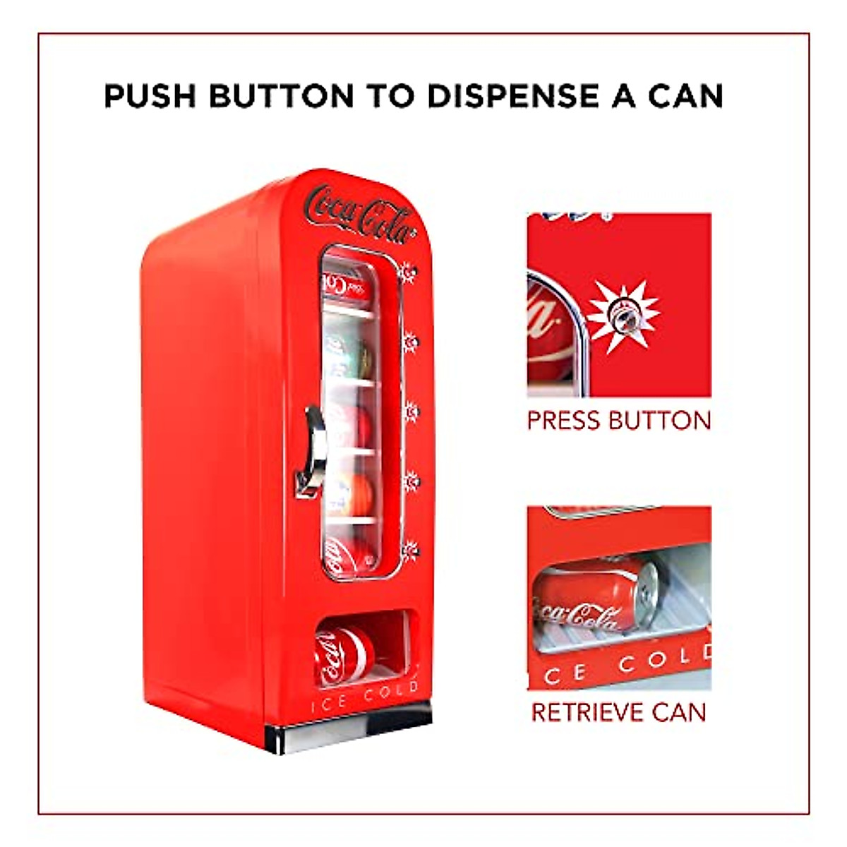 Coca-Cola Retro Vending Machine Style 10 Can Mini Fridge with Display Window, AC/DC Portable Beverage Cooler for Soft Drink Cans, Includes 12V and AC Cords, for Home Office Dorm Cottage, Red