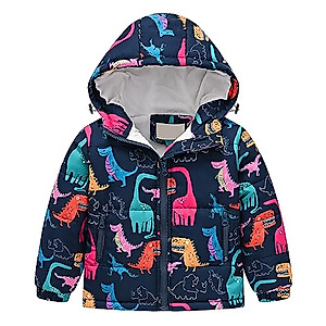 Boys Girls Winter Outwear Coats, Kids Warm Outfits 3D Ear Dinosaur Hoodie Light Puffer Jacket Windbreaker Ski Jacket