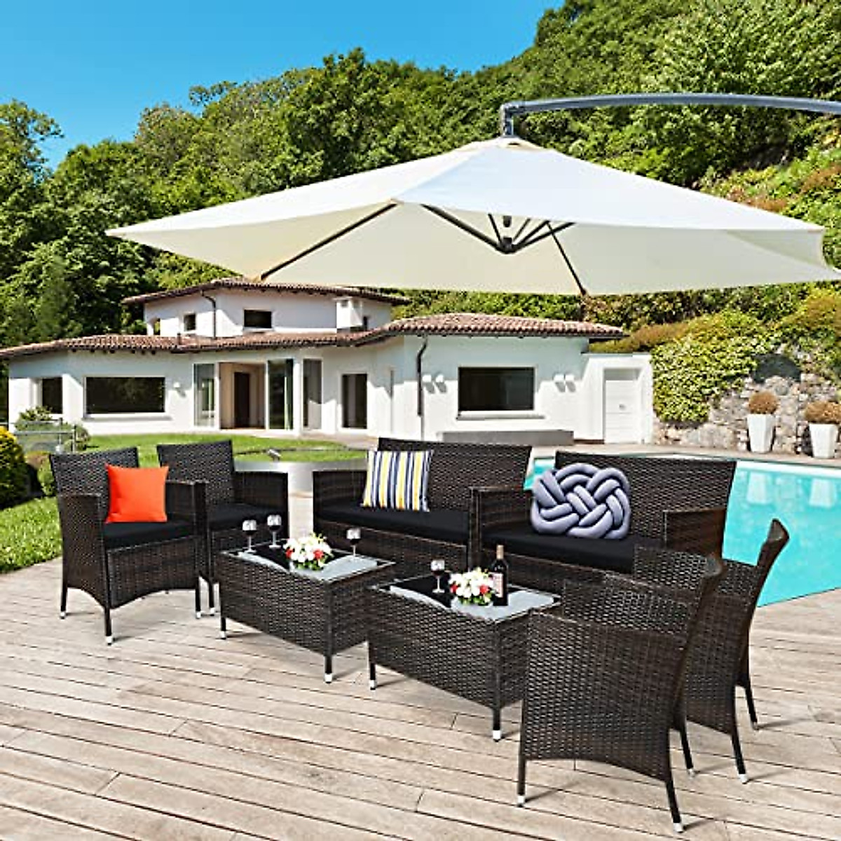 Tangkula 8 PCS Patio Rattan Conversation Set, Outdoor Wicker Furniture Set with Tempered Glass Coffee Table &Thick Cushion, Rattan Chair Wicker Set for Garden, Lawn, Poolside and Backyard (2, Black)