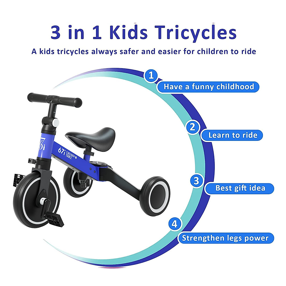 67i 3 in 1 Tricycle for 1-3 Year Old Toddler Bike Kids Tricycles for 1-3 Year olds Toddler Tricycle Kids Trikes Adjustable Seat and Removable Pedal Baby Balance Bike Boys Girls (Blue)