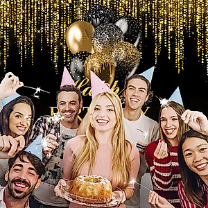 ASOONYUM 7x5ft Happy Birthday Backdrop Black Gold Glitter Bokeh Balloons Happy Birthday Banner for Women Girl 21st 40th 50th Sweet 16th Themed Birthday Party Decorations Golden Sequin Spots Background
