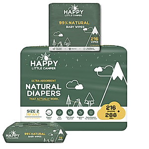 Happy Little Camper Ultra-Absorbent Natural Baby Diapers Size 2 - Hypoallergenic, Unscented & Chlorine-Free Disposable Diapers (216 Count) Come with Natural Baby Wipes (288 Count) for Sensitive Skin
