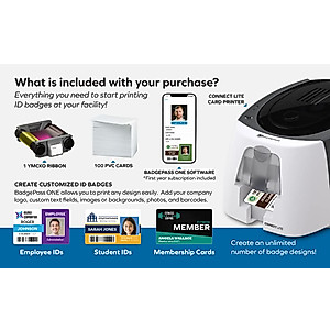BadgePass ConnectLITE ID Card Printer & Supply Bundle ONE Cloud Photo ID Software- 1st Year Included! (ID Card Printer, ID Software, PVC Cards, YMCKO Ribbon, and Cleaning Kit Included)