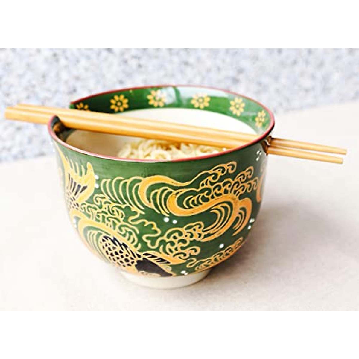 Ebros Gift Colorful Green And Yellow River Koi Fishes With Crystals Ramen Udong Noodles Bowl With Built In Chopsticks Rest and Bamboo Chopstick Set for Kitchen Dining Soup Rice Meal Bowls (1)