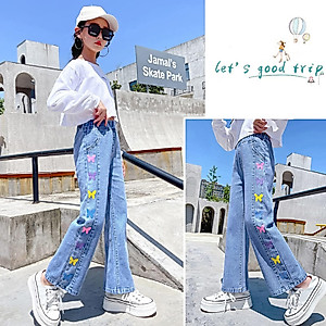 Rolanko Big Girls Baggy Jeans Elastic Wide Leg Stretch Denim Pants Loose Kids Clothes (Colorful Butterfly, 14-16)