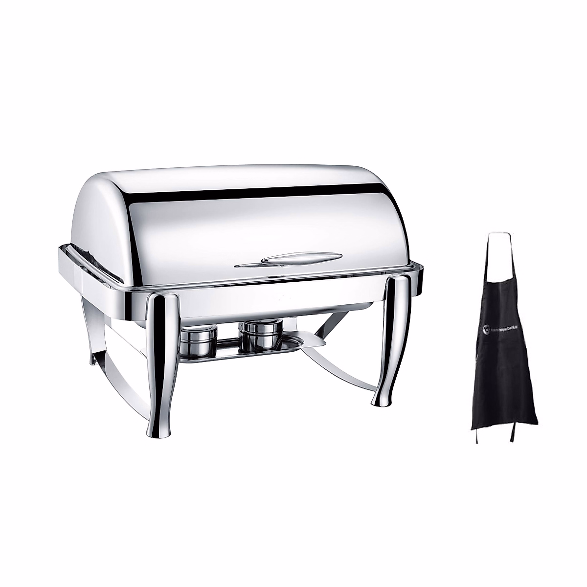 CHEFQ Virtuosa Stainless Steel Oblong 8QT Chafer, Roll-top Set Includes Food Pan, Water Pan and Fuel Holders – Durable, shiny silver, keeps food warm in catered events + CHEFS APRON