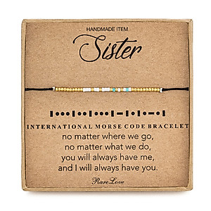 RareLove Sister Morse Code Beaded Bracelet Sister Birthday Gifts from Sister Long Distance Friendship Christmas Gifts Waterproof Gold Blue White Tiny Pony Seed Beads Black String