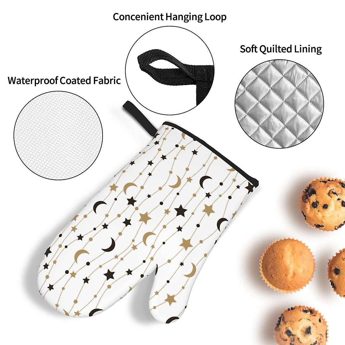 Oven Mitts and Pot Holders Sets 4 Piece, Black Gold Moon Stars Oven Gloves Heat Resistant Non-Slip for Kitchen Cooking Grilling Baking