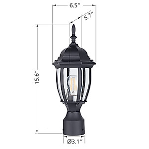 Yeuloum Outdoor Post Light Pole Lantern Lighting Fixture with One E26 Base Max 100W, Aluminum Housing Plus Glass, 2-Pack (Black Finish)