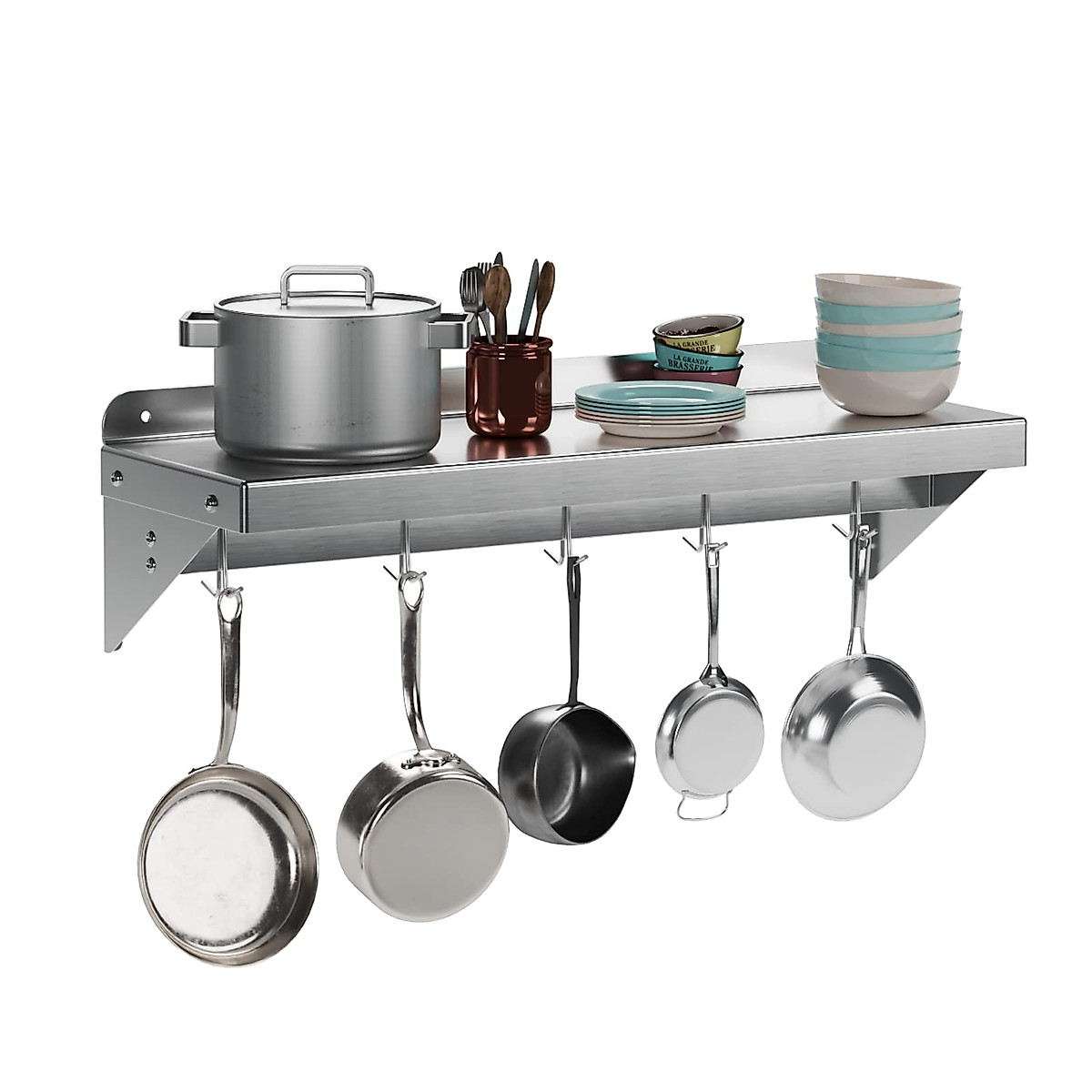 Garvee 12"x24" Stainless Steel Shelf,Multifunctional Metal Wall Mounted Shelf with 2 Stainless Steel Backsplashs and 5 Hooks