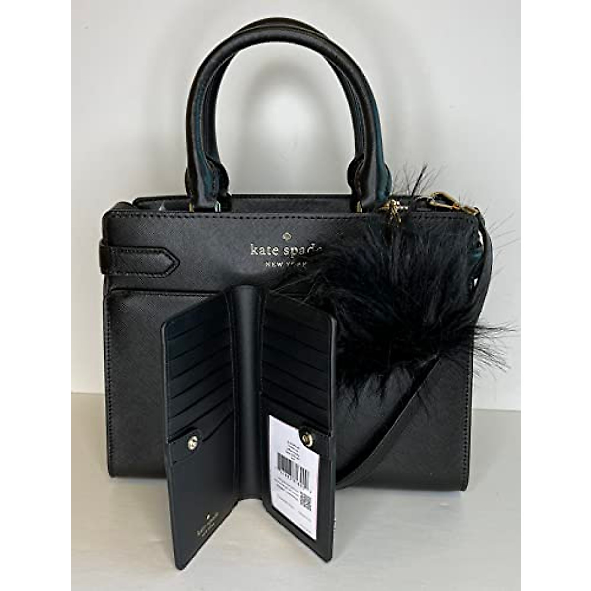 Kate Spade New York Staci MD Satchel bundled with matching Slim Bifold Wallet and Fur Pom (Black)