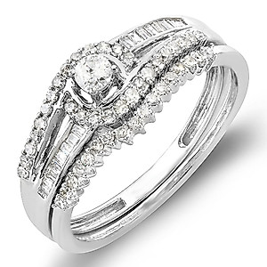 Dazzlingrock Collection 0.50 Carat (ctw) 10k Round & Baguette Diamond Women Swirl Engagement Matching Band Halo Style Bridal Ring Set 1/2 CT, White Gold, Size 6