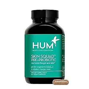 HUM Skin Squad - Vegan Clear Skin Gut Probiotic Supplement - Prebiotic Konjac Root & 9 Strain Probiotic Blend for a Healthy Gut Microbiome, Decreased Breakouts & Glowing Even Skin Tone (60 Capsules)