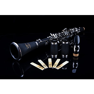 Glory GLY-PBK Professional Ebonite Bb Clarinet with 10 Reeds, Stand, Hard Case, Cleaning Cloth, Cork Grease, Mouthpiece Brush and Pad Brush, Black