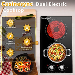 Cusinesync 12 Inch Electric Cooktop, 2 Burner Electric Stove Top with 9 Power Levels, Knob Control, Auto shutdown and Residual Heat Warning, 2000W, Ideal for Countertop & Built-In Use (110-120V)