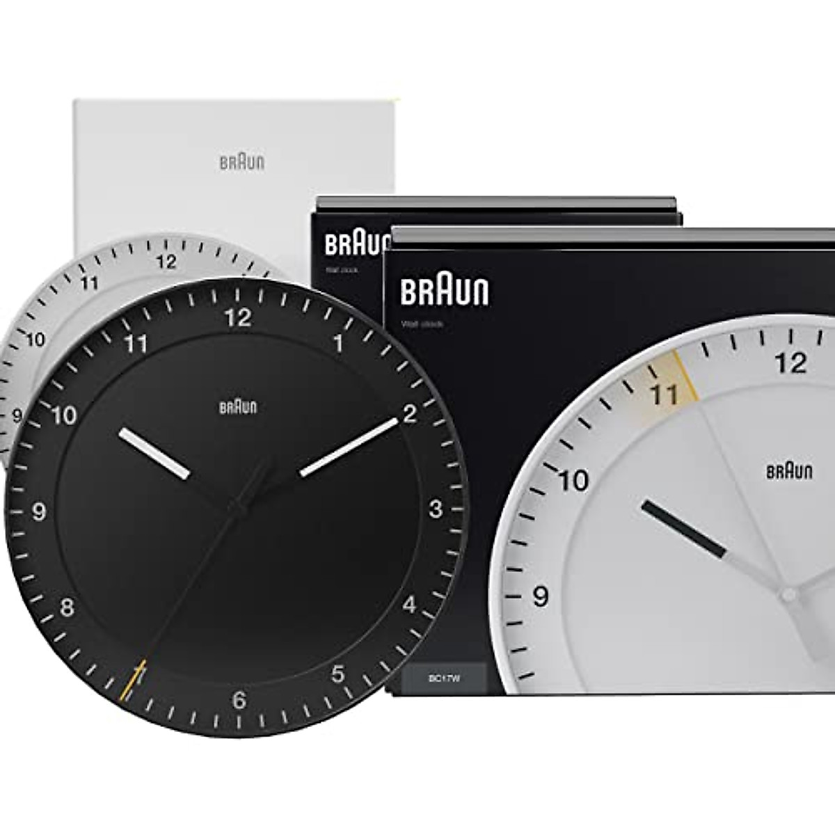 Braun Classic Mixed Analogue Wall Clock Home Gift Bundle with Silent Sweep Movement, Easy to Read, 30cm Diameter in Black + White, Model BC17B, BC17W (2 Pack)