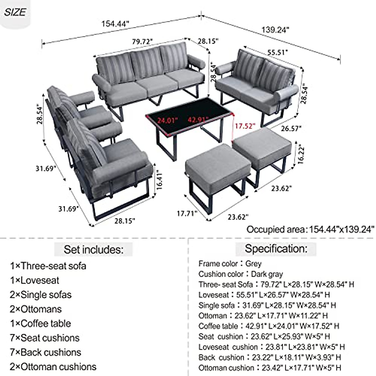ovios Aluminum Patio Furniture Set 7 PCS All-Weather Outdoor Conversation Set Modern Metal High Back Aluminum Patio Sofa with Table and Thick Cushions (Black-Grey Stripe)