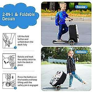 Costzon Kids Folding Ride On Suitcase Scooter, 2-in-1 Lightweight Skateboard Luggage w/Lighted Wheels, Brake System, Carry on Suitcase for Travel, School, Outdoor (Blue Monster)