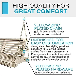Porchgate Amish Heavy Duty 800 Lb Roll Comfort Treated Porch Swing W/Chains (4 Foot, Unfinished)