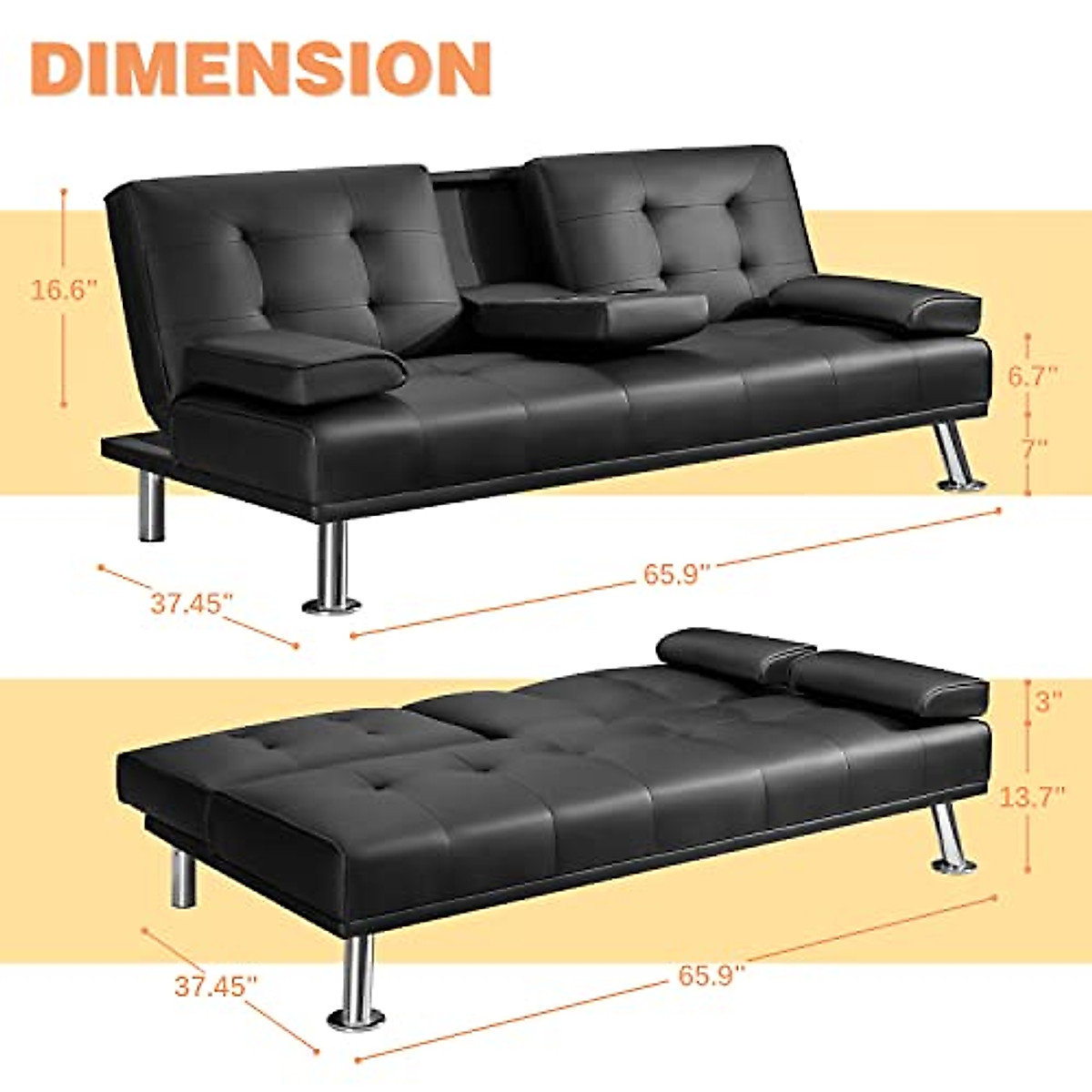 VICTONE Futon Sofa Bed Modern Faux Leather Couch Bed Convertible Folding Recliner for Living Room with 2 Cup Holders and Armrest (Black)