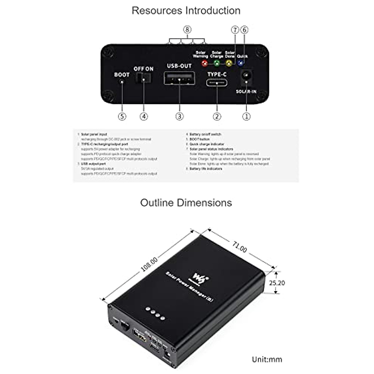 Iunius Solar Power Manager (B), Embedded 10000mAh Rechargeable Li-Po Battery, Compatible with 6V-24V Solar Panels
