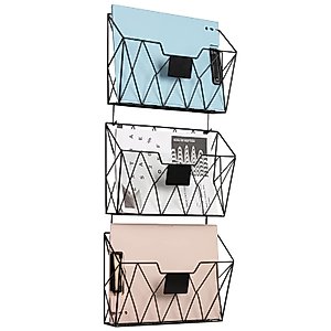 YBING Wall File Organizer for Office Hanging Wall File Holder and Basket Set of 3 Wall Mounted File Rack with Hooks Metal Wall Storage for Office Living Room Black