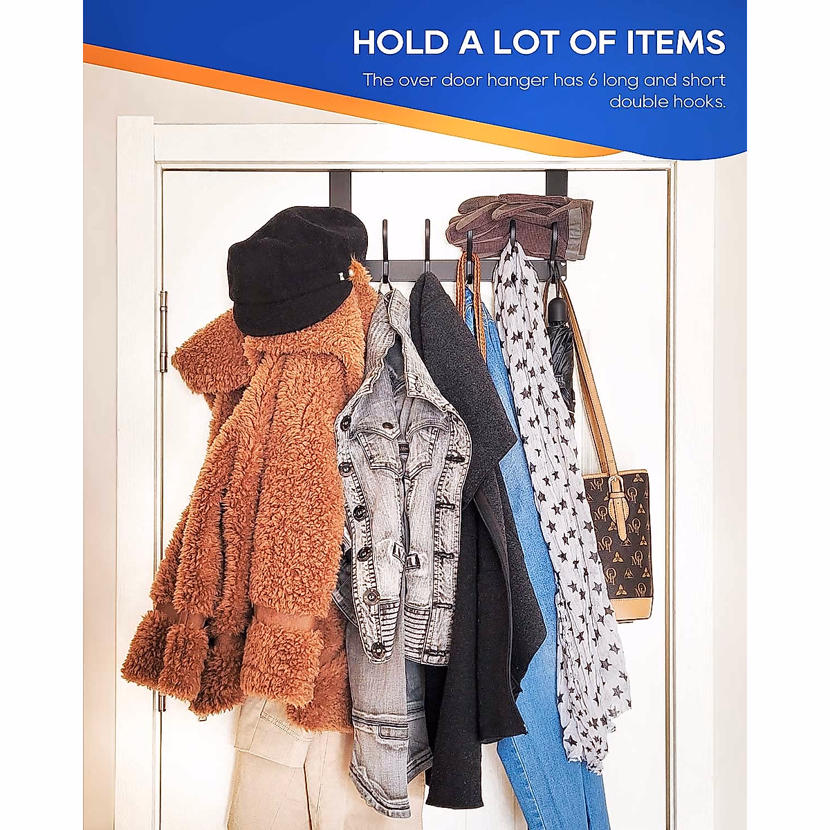 KEOAMG Over The Door Hooks, No Assembly Required Door Hanger Hook, Sturdy Over The Door Coat Rack, Over Door Hanger Door Hooks for Hanging Clothes, Towels, Hats, Matte Black