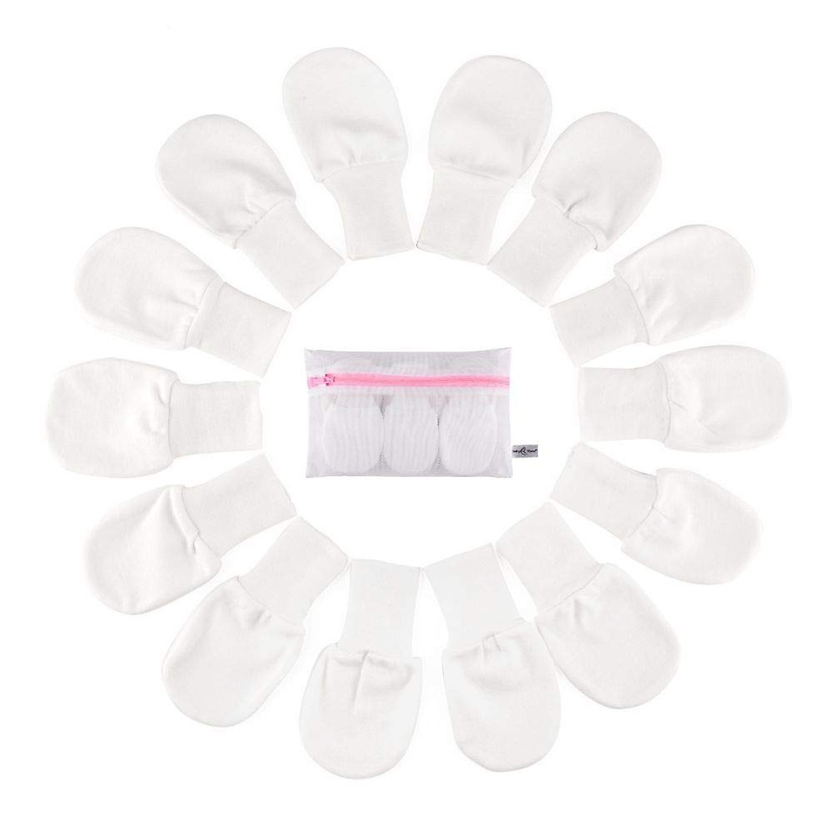 Anti-Scratch Baby Mittens - Pack of 7 Unisex Newborn Mitts - No Scratch Gloves for Boys and Girls - Cotton Gloves For Infants 0-6 Months Old + Laundry Bag