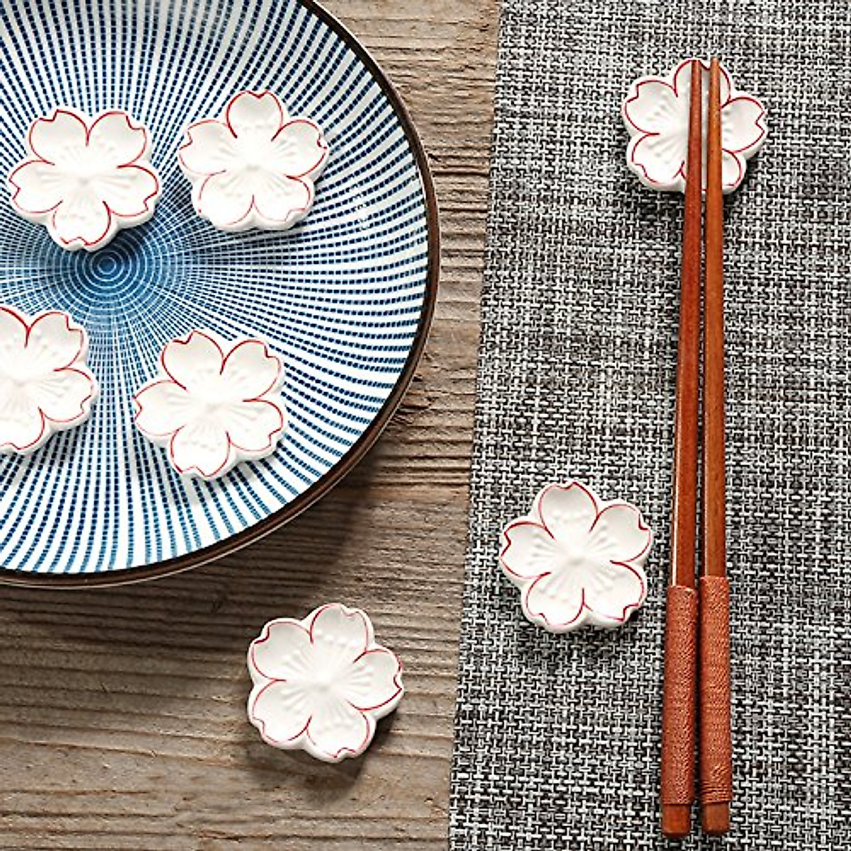 CHOOLD Elegant Cherry Blossom Ceramic Chopsticks Rest Rack Dinner Spoon Stand Knife Fork Holder,Sakura Chopsticks Stand(Set of 6)