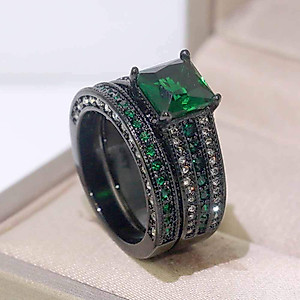 ringheart 2 Rings His and Hers Couple Rings Black Gold Filled Womens Wedding Ring Sets Princess Cut Green Cz Titanium Steel Mens Ring