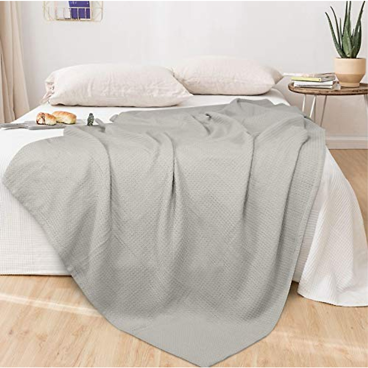 GLAMBURG 100% Cotton Thermal Blanket, Breathable Bed Blanket King Size, Soft Waffle Blanket, King Blanket, All Season Cotton Blanket, Light Grey