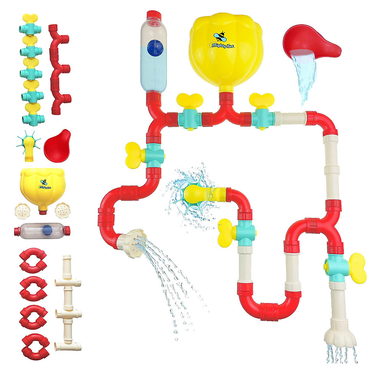 Mighty Bee Bath Toys Expansion Set: Building Toys for Shower or Bath Time. 31 Piece Pipes N Valves Set, Top STEM Learning Toys for Kids Ages 4-8, All the Fun of a Water Table, with Super Suction Cups!