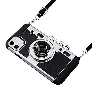 iPhone 11 Case, Awsaccy 3D Cool Unique Cute Camera Design Case PC + Silicone Cover Case with Long Strap Rope for Apple iPhone 11 6.1 inch 2019 Release (Moderate Hardness), Black