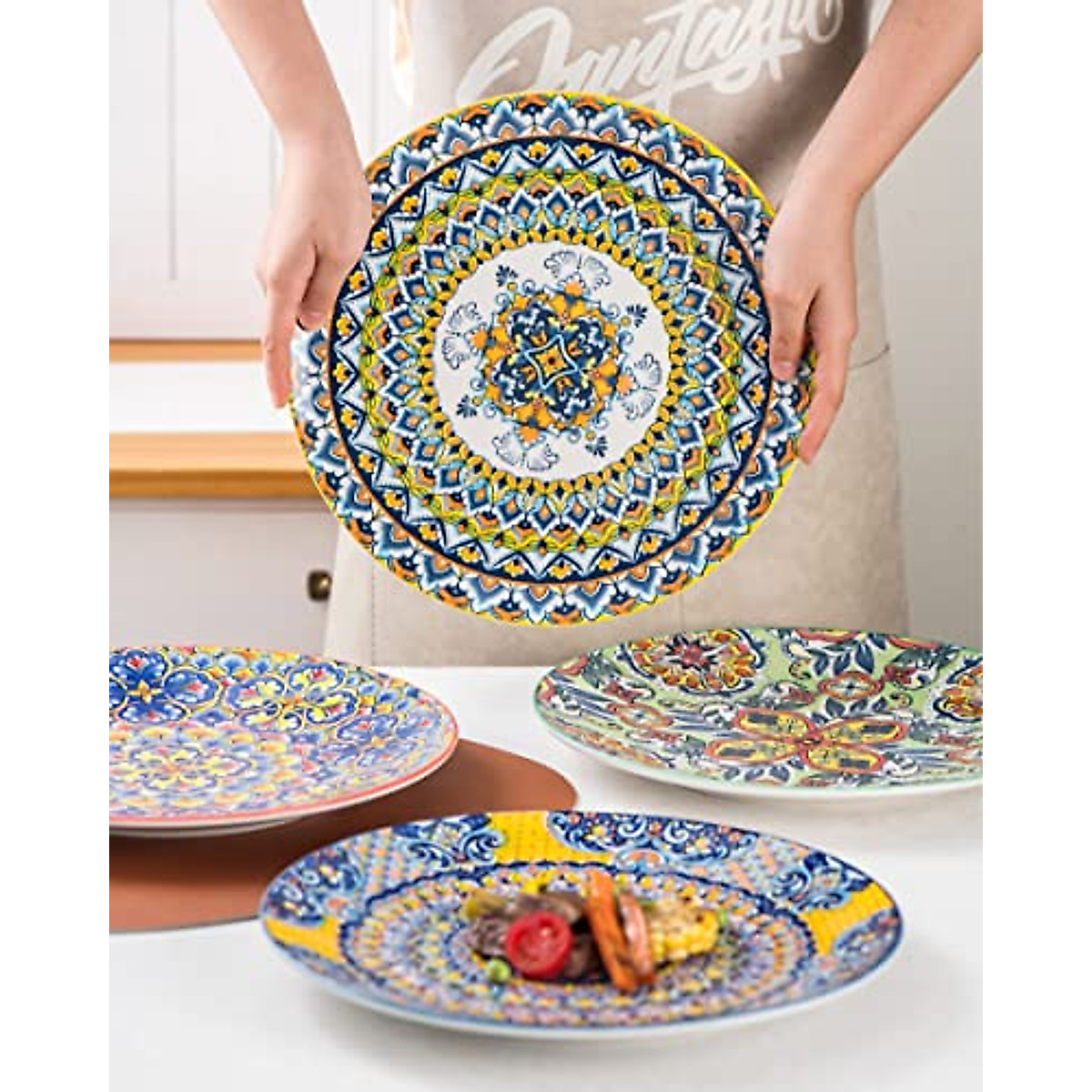 HENXFEN LEAD Ceramic Dinner Plates Set of 6-10.6 Inch Large Dessert, Pasta, Salad Plate, Porcelain Colorful Serving Dishes for Kitchen & Restaurant, Dishware, Microwave & Oven safe - Bohemian Style