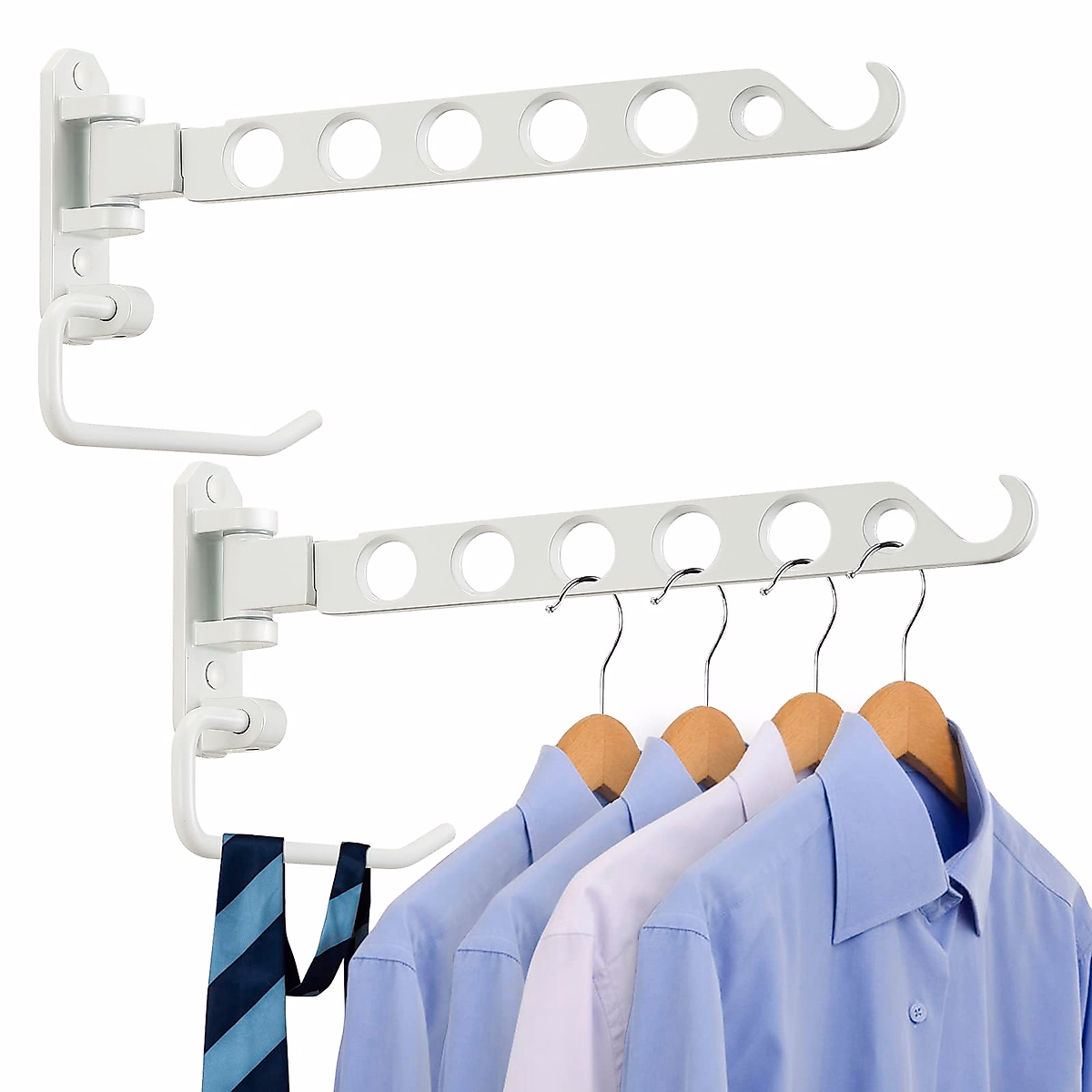 VICSKY Wall Mounted Small Drying Rack with Bar, 180° Swing Arm and 90°Folding, Laundry Room Dryer Rack, Sturdy Hanging Clothes, Safe Valet Hook, Solid Aluminum (White, 2Pack)