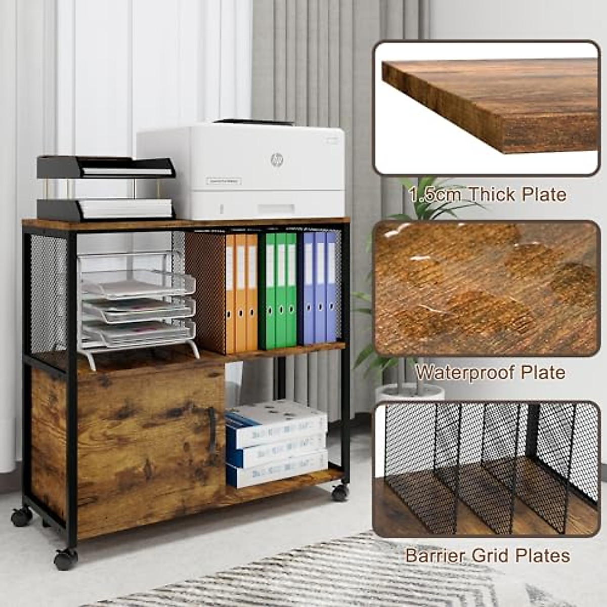 PUNCIA Mobile Wood Lateral File Archive Folder Cabinets with 3 Compartments Rack for Binder Storage Rolling Filing Printer Cabinet with Wheels and Open Storage Shelves for Home Office