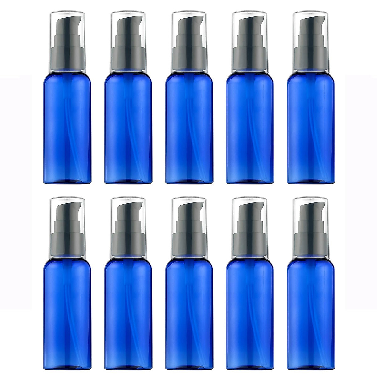VIDELLY 10 Pieces Travel Pump Bottles for Toiletries 2oz Small Pump Bottles Clear Travel Bottle Plastic Empty Spray Bottle Dispenser With Black Cap For Lotion Cream Essential Oil,50ml Blue (Blue,