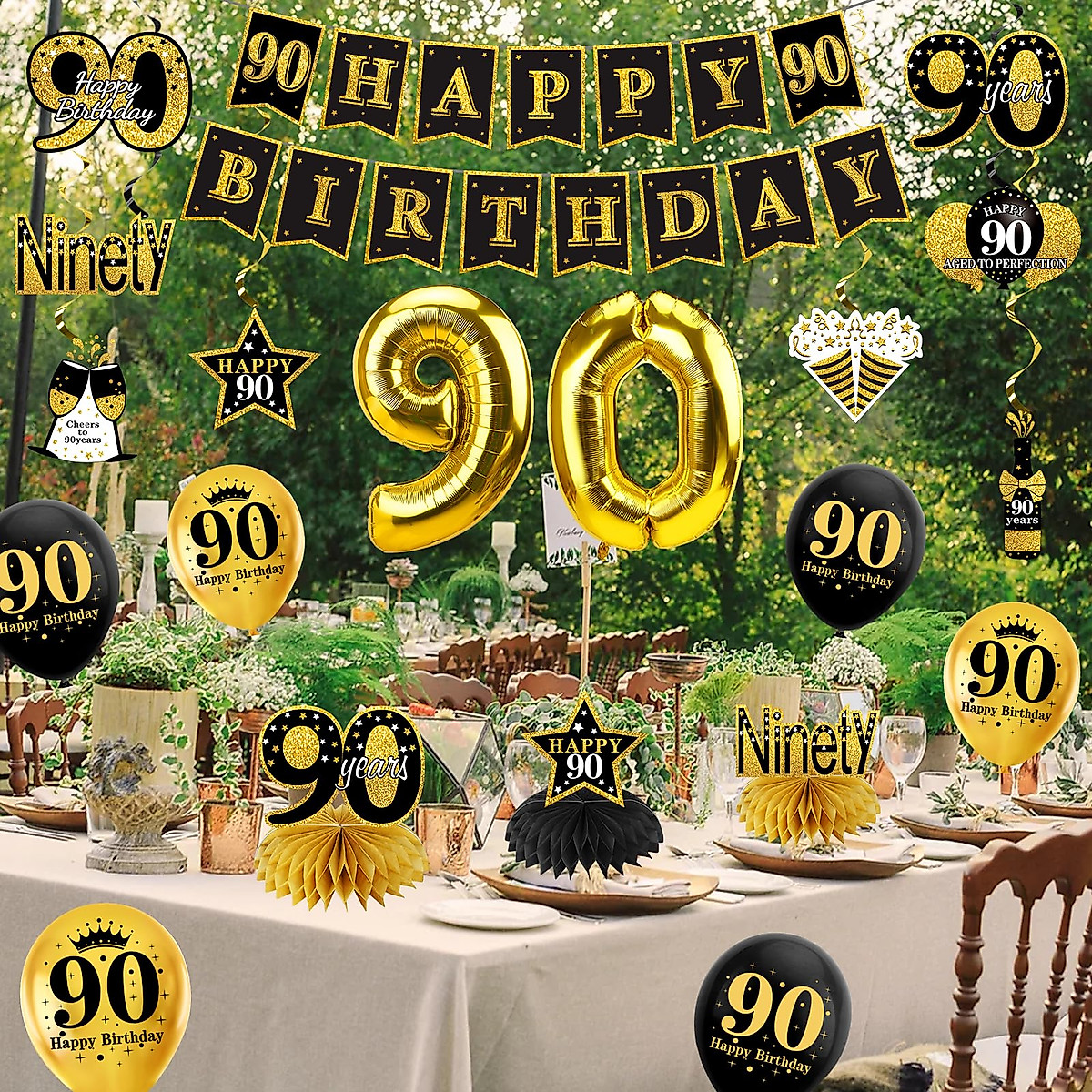 Turypaty 36Pcs 90th Birthday Decorations Kit for Men Women, Black Gold Happy 90 Birthday Banner Balloons Honeycomb Centerpiece Hanging Swirl Party Supplies, Ninety Year Old Bday Table Topper Decor