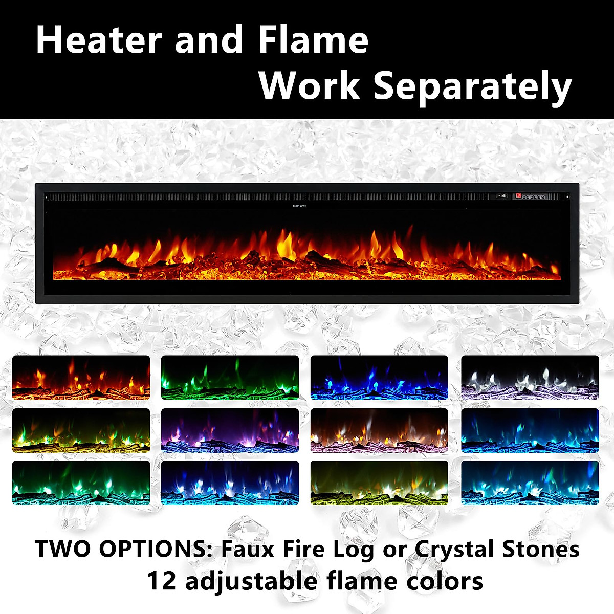 LUXOAK Electric Fireplace Inserts 60 Inch Wall Mounted Black Fireplaces Heater Adjustable Modern Flame Color for Living Room Log Set Crystal Fire Place with Remote Timer