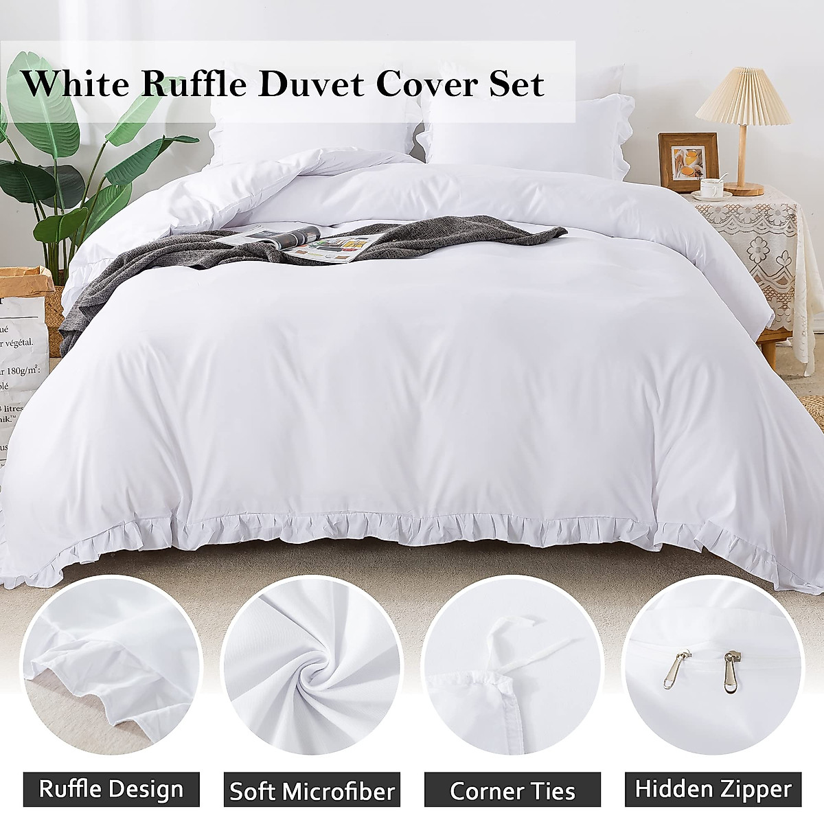 Andency White Ruffle Duvet Cover Full(79x90Inch), 3 Pieces Farmhouse Shabby Chic Ruffled Duvet Cover, Soft Microfiber Duvet Cover Set with Zipper Closure, Corner Ties