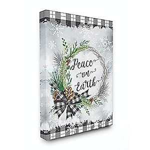 Stupell Industries Peace On Earth Wreath Plaid Holiday Christmas Word Design, Gallery Wrapped Canvas, Multi-Color